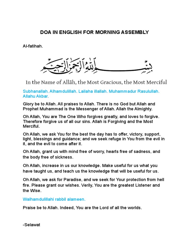 Doa in English For Morning Assembly | PDF
