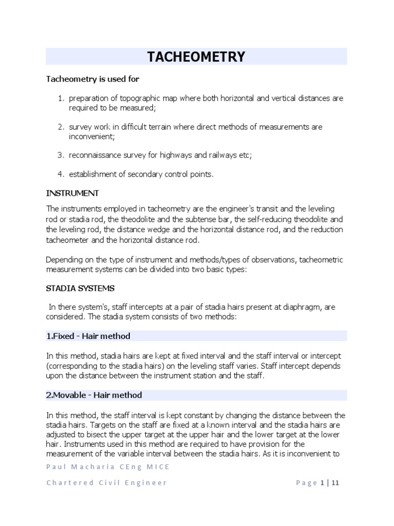 TACHROMETRY TECHNIQUES | PDF | Surveying | Scientific Observation