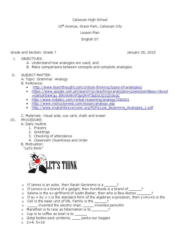Lesson Plan in Grade 7 | PDF | Analogy