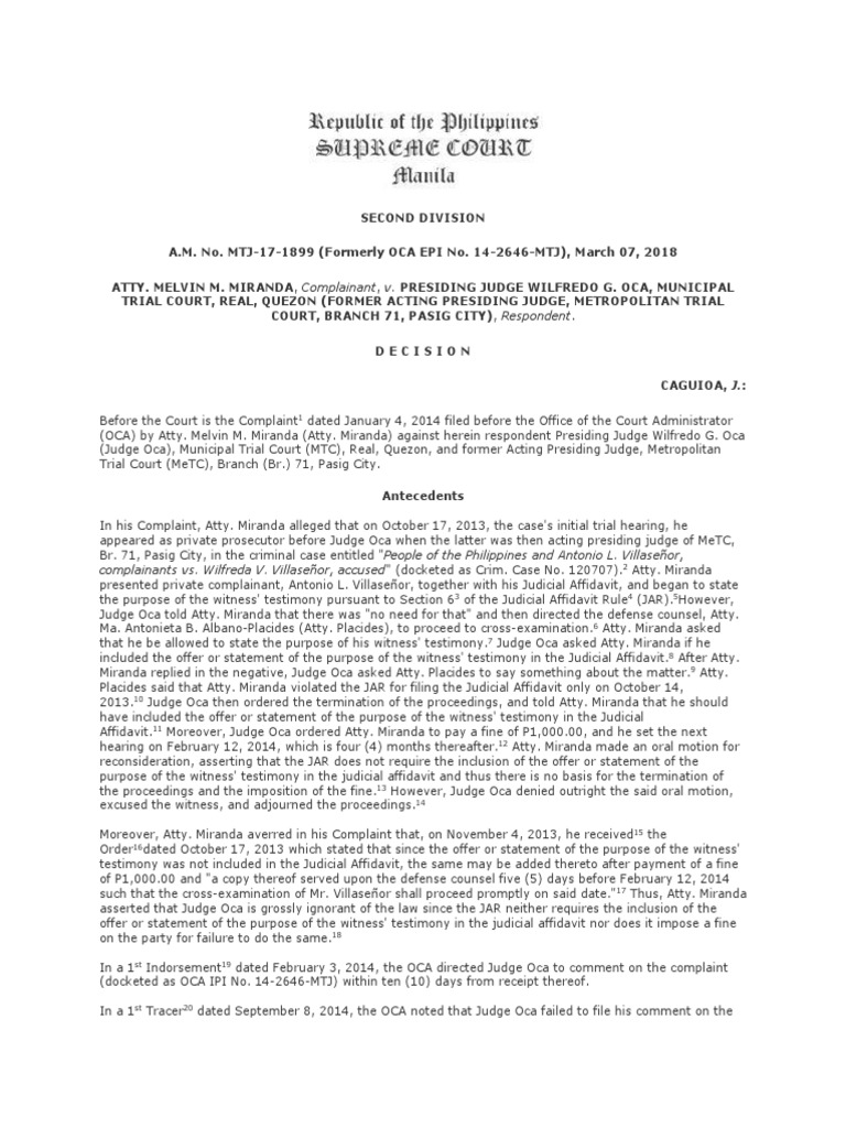 Atty. Melvin M. Miranda vs. Presiding Judge Wilfredo G. Oca | PDF ...