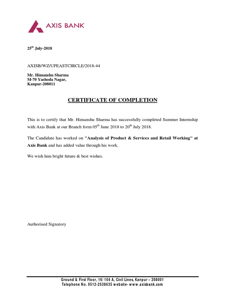 Axis Bank Internship Completion Certificate | PDF | Business