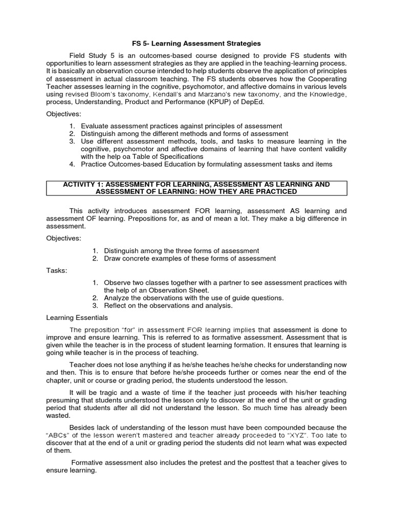 FS 5 Observation Sheets | Download Free PDF | Educational Assessment ...
