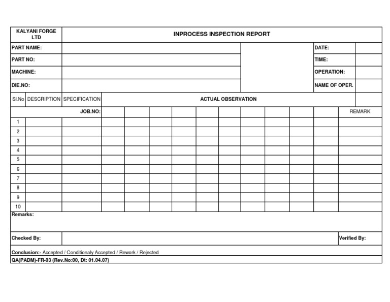 Inprocess Inspection Report: SL - No Description Specification Remark | PDF