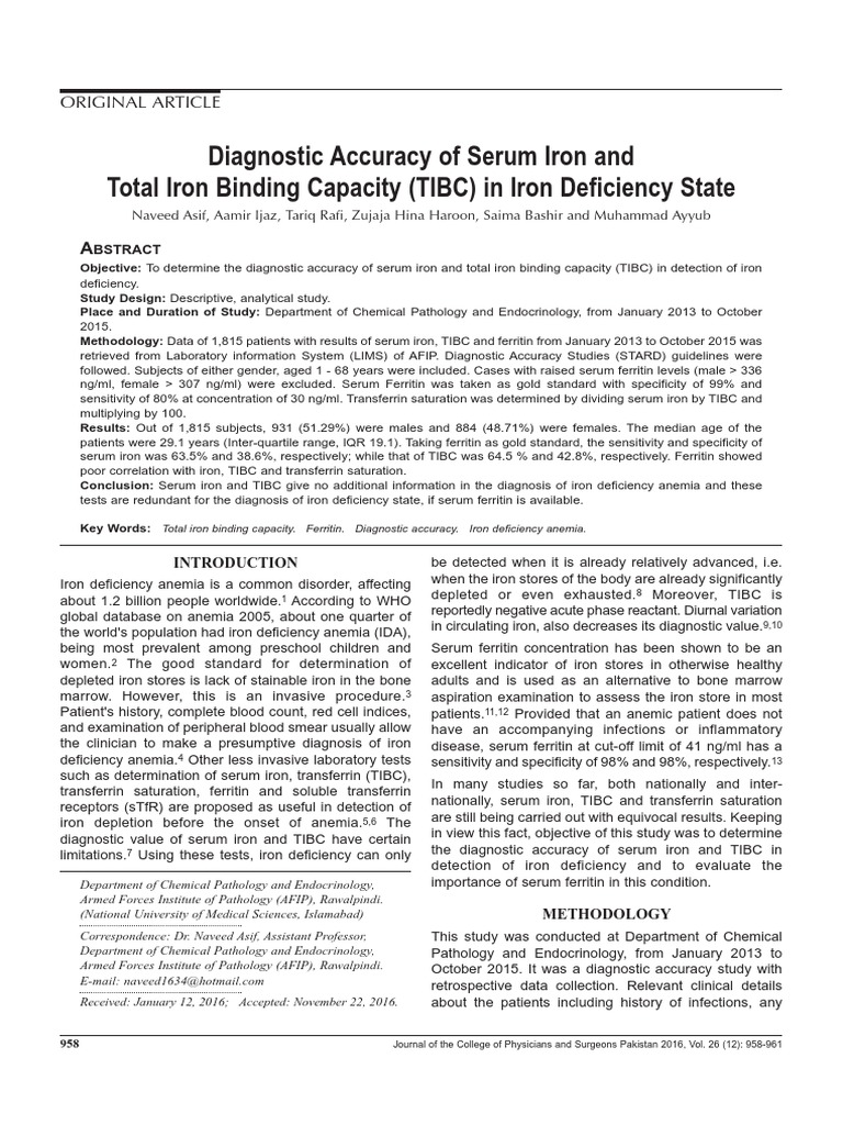 Diagnostic Accuracy of Serum Iron and Total Iron Binding Capacity (TIBC ...