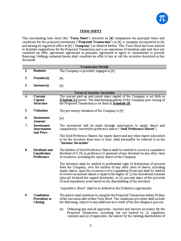 PiVentures-Term Sheet - Template | PDF | Stocks | Arbitration