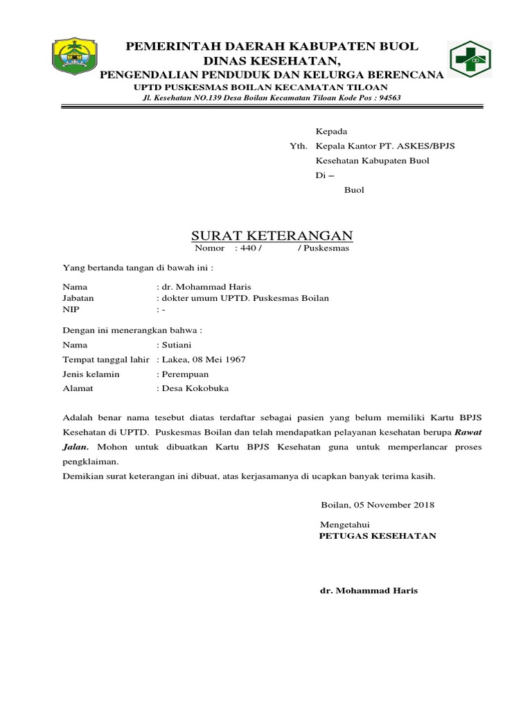 Surat Keterangan Kartu Bpjs Edit | PDF