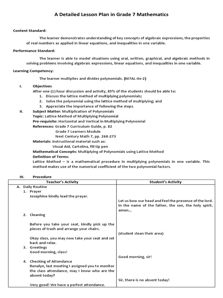 Detailed Lesson Plan in Grade 7 Mathematics | PDF | Polynomial ...
