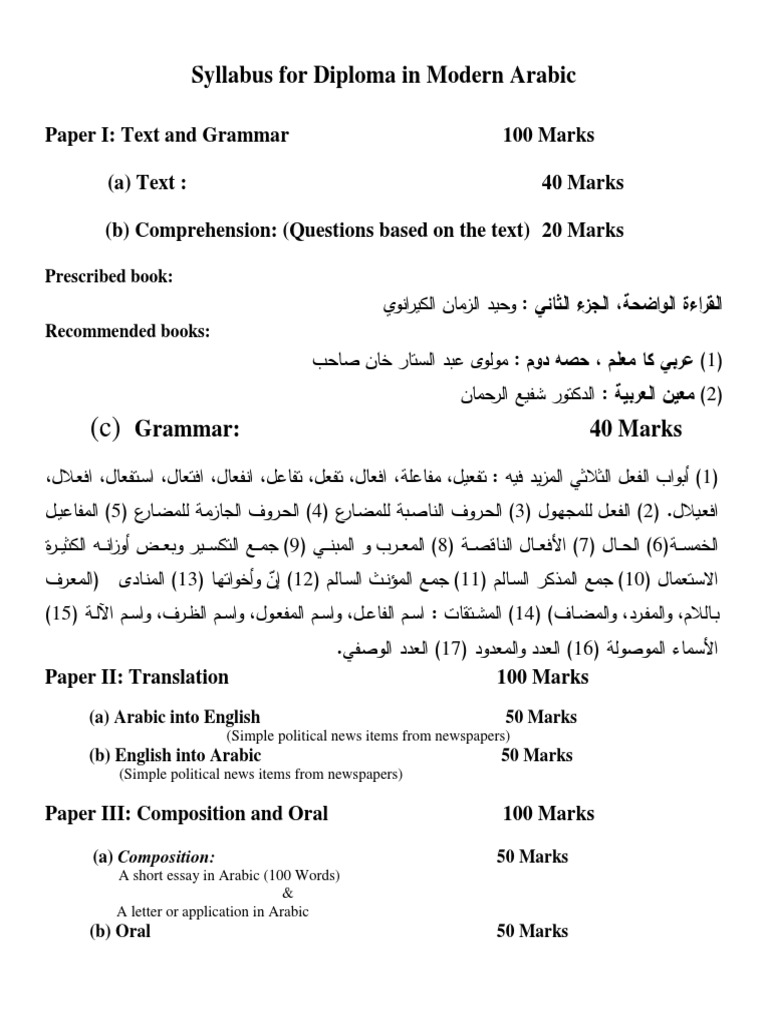 Syllabus For Diploma in Modern Arabic | PDF