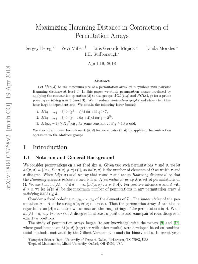 Maximizing Hamming Distance in Contraction of Permutation Arrays | PDF | Permutation | String ...