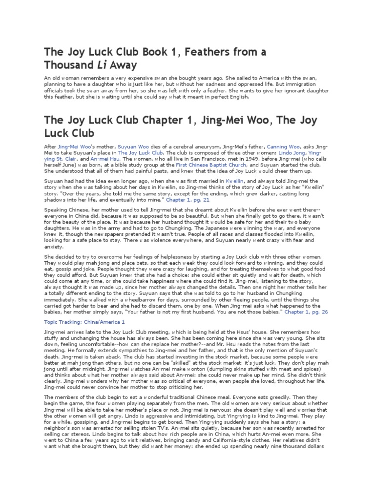 Chapter 1 Summary of The Joy Luck Club | PDF | Mystery, Thriller ...