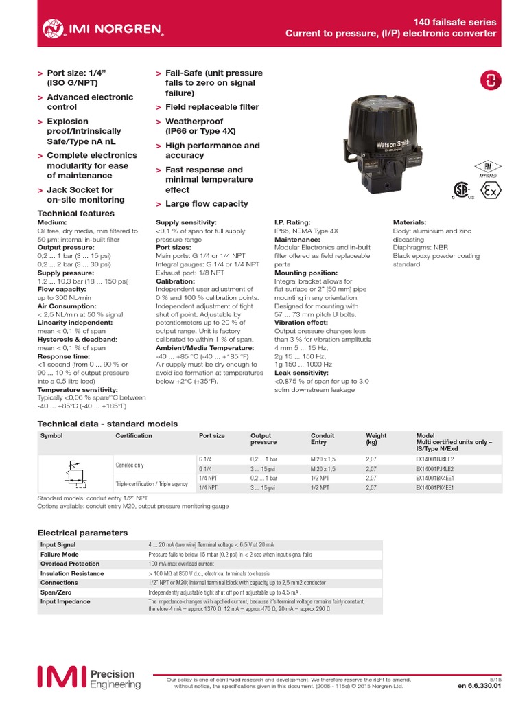 140 Failsafe Series Current To Pressure, (I/P) Electronic Converter ...