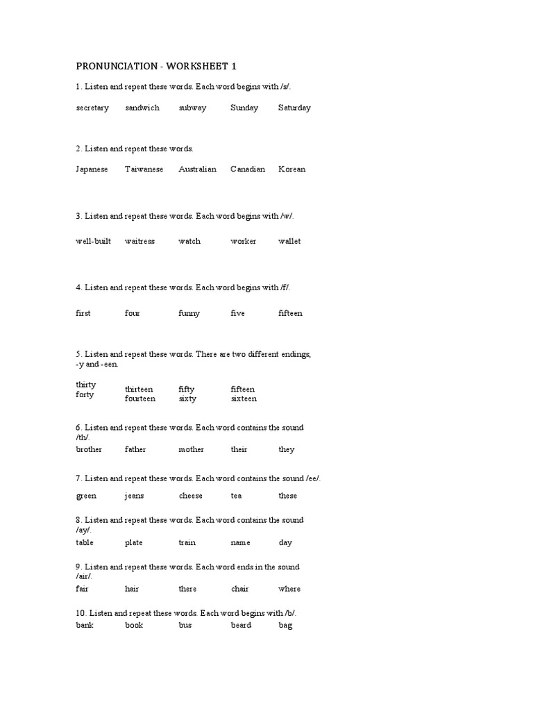 Pronunciation - Worksheet 1 | PDF
