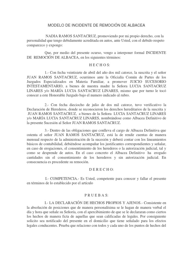 Modelo de Incidente de Remoción de Albacea | PDF | Justicia | Crimen y ... Modelo de Incidente de Remoción de Albacea | PDF | Justicia | Crimen y ...