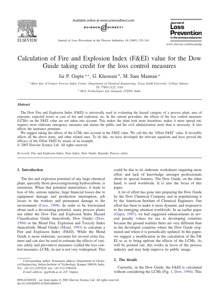 Calculation of Fire and Explosion Index (F&EI) Value For The Dow Guide ...