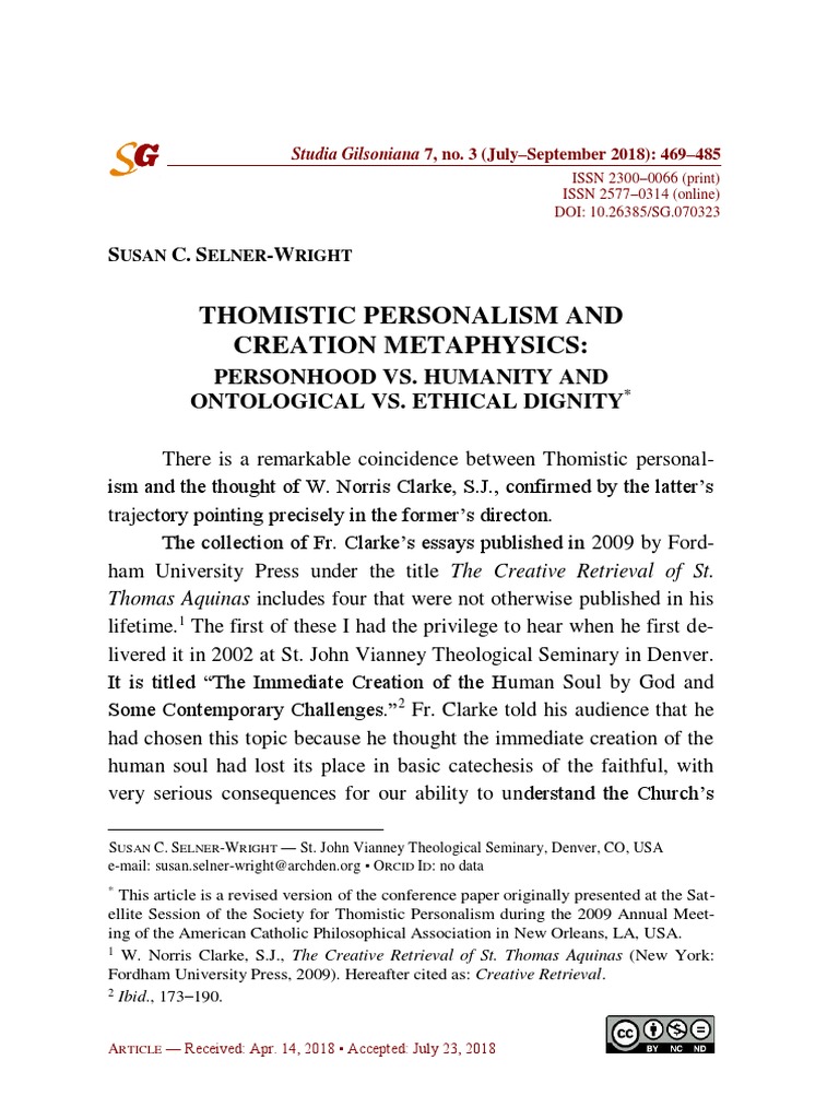 Thomistic Personalism and Creation Metaphysics:: Personhood vs ...