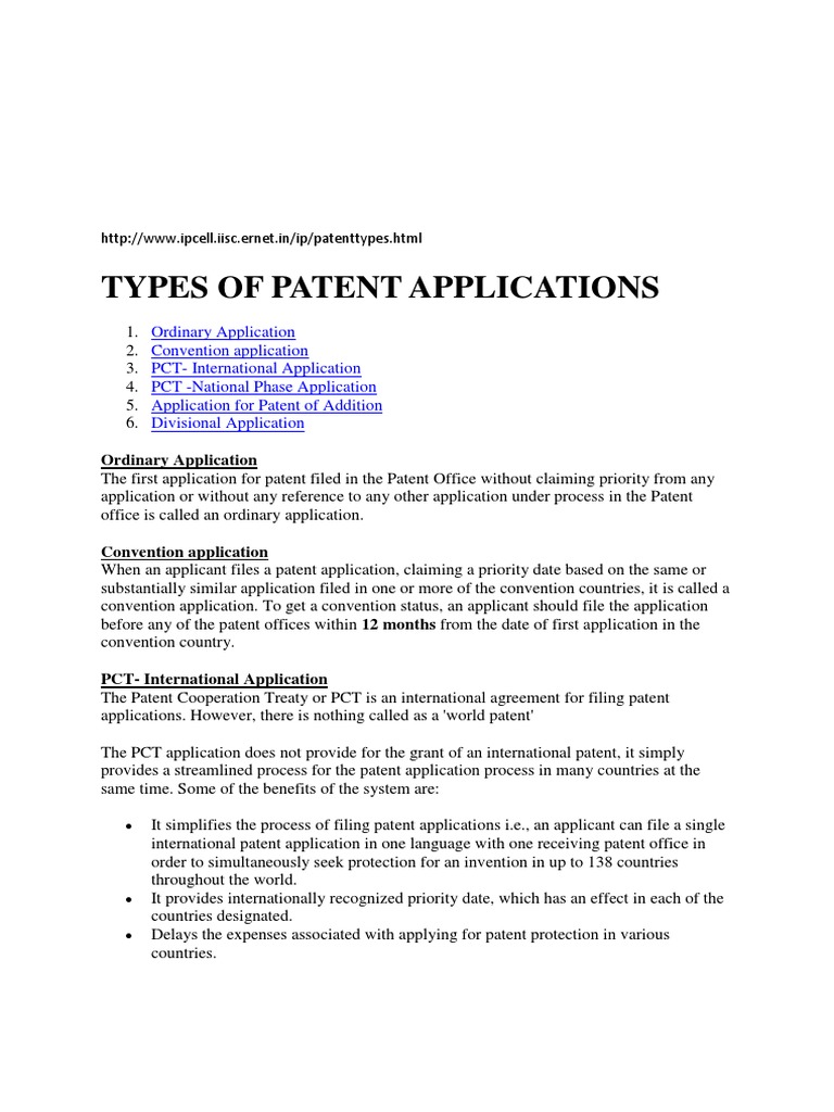 Types of Patent Applications | PDF | Patent Application | Priority Right