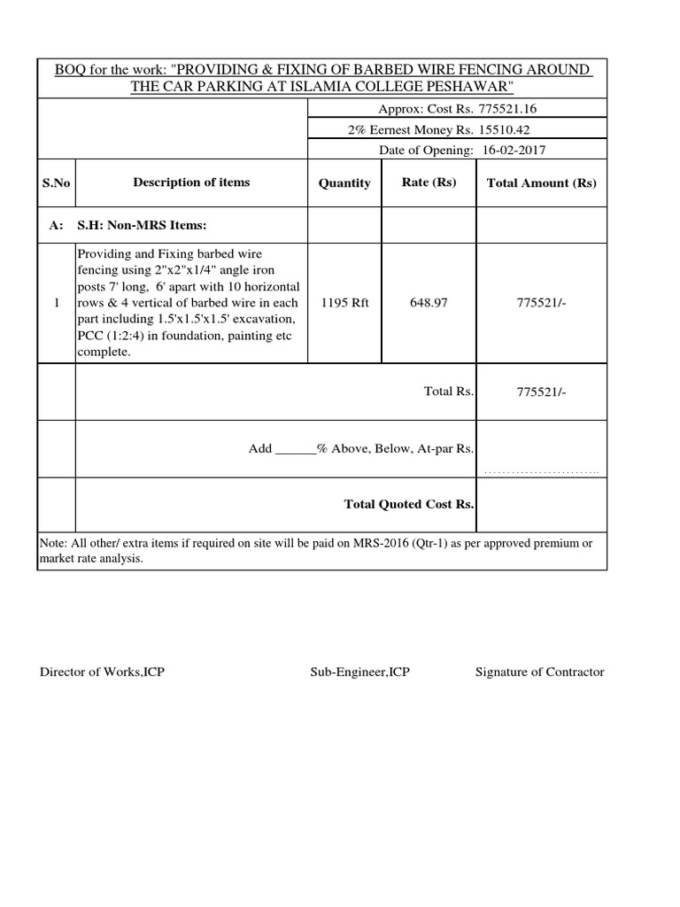 BOQ Barbed Wire Fencing | PDF