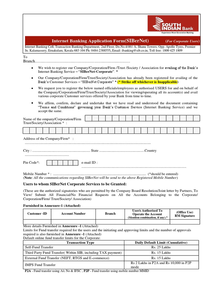 Internet Banking Application Form: (Sibernet) | PDF | Indemnity ...