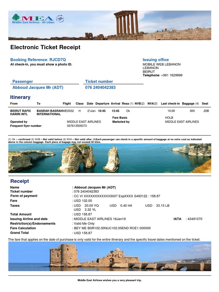 Lebanon to Basrah Flight Ticket Receipt | PDF | Aviation | Transport