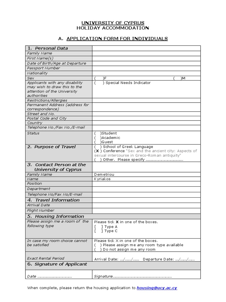 University of Cyprus Holiday Accommodation A. Application Form For ...
