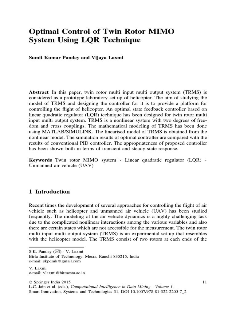 Optimal Control of Twin Rotor MIMO System Using LQR Technique | PDF | Control Theory ...