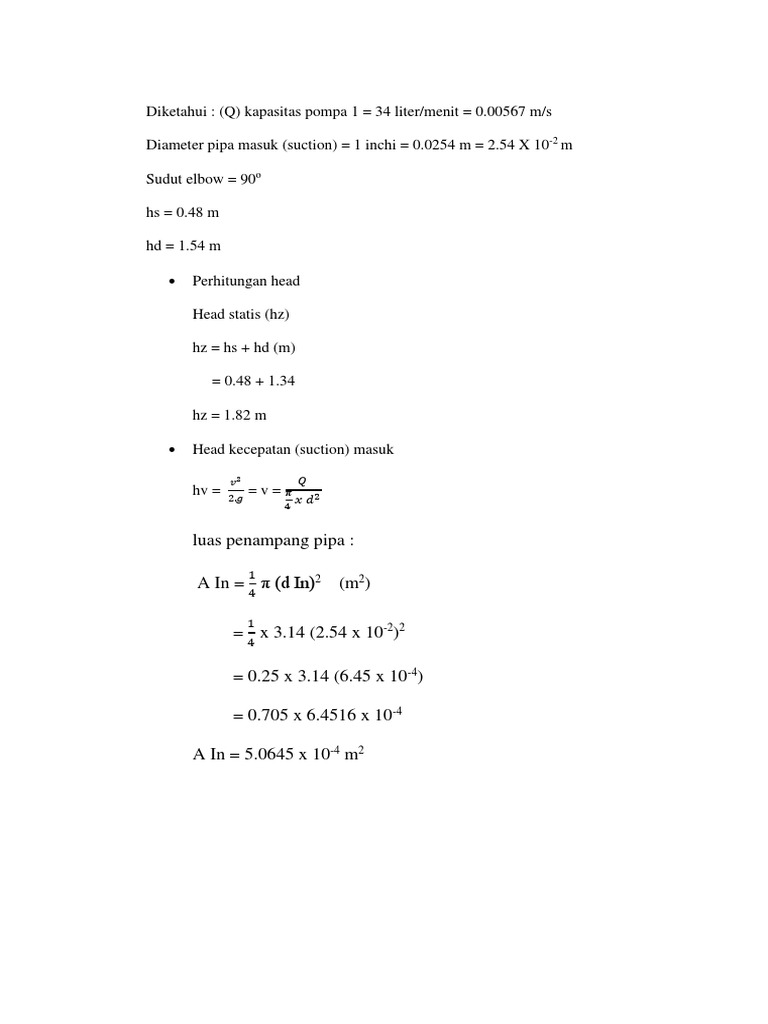 Luas Penampang Pipa: Ain= Π (D In) (M) | PDF