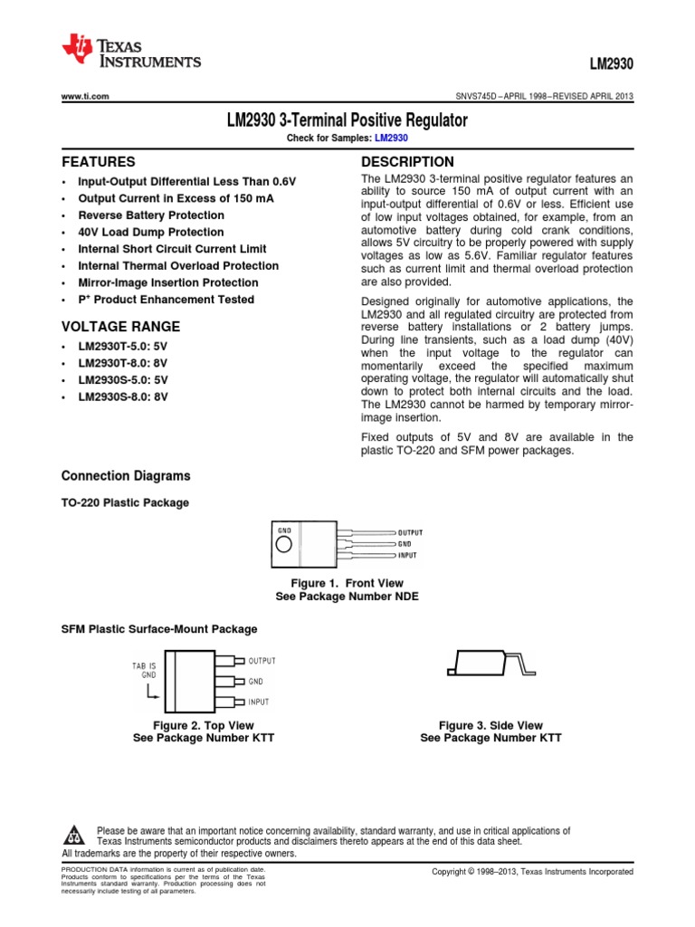 LM2930 3-Terminal Positive Regulator: Features Description | PDF ...