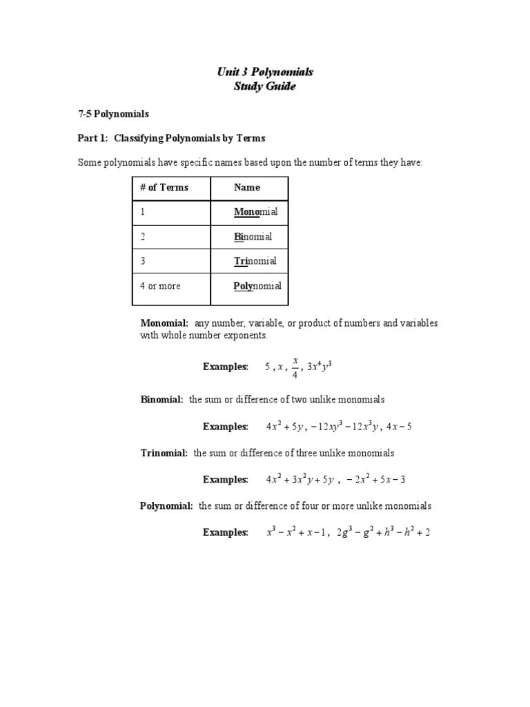 Unit 3 Polynomials Study Guide | Polynomial | Mathematics Of Computing