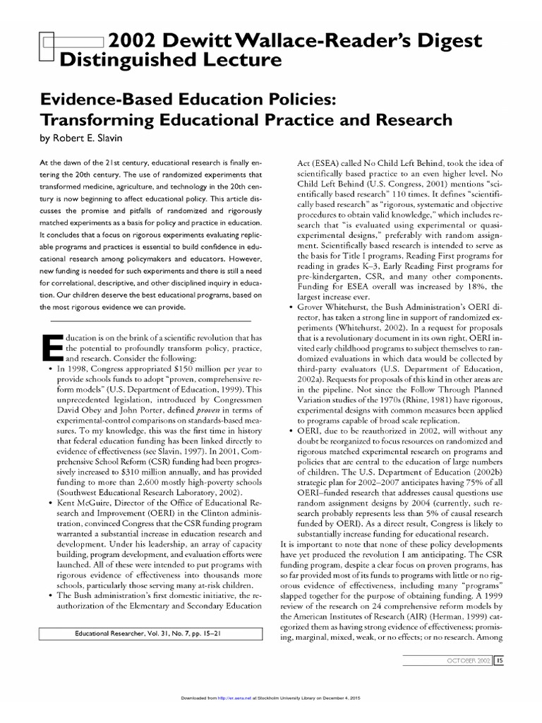 Slavin 2002 Evidence-Based Education Policies - Transforming Educational Pracitce and Research ...