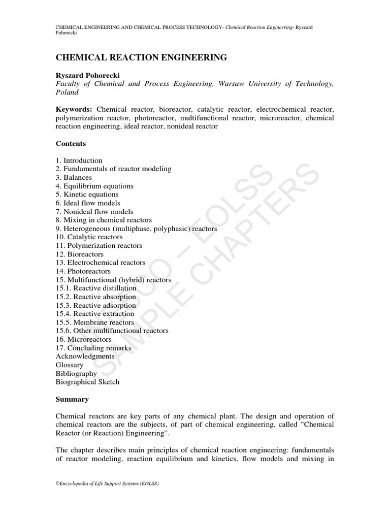 Unesco - Eolss Sample Chapters: Chemical Reaction Engineering | PDF | Chemical Reactor ...
