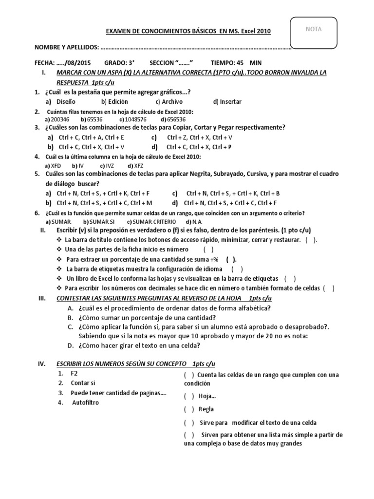 Examen de Conocimientos Basicos en MS Excel 3° | Descargar gratis PDF | Microsoft Excel ...