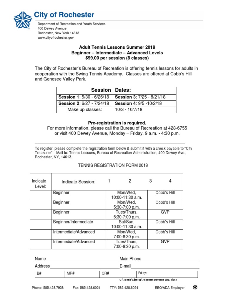 Adult Tennis Lessonas at Cobbs Hill and GVP Tennis Courts 2018reg Form ...