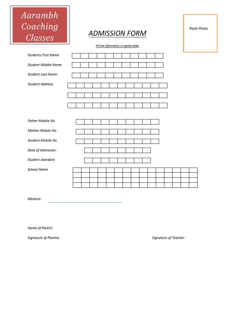 Aarambh Coaching Classes: Admission Form | PDF