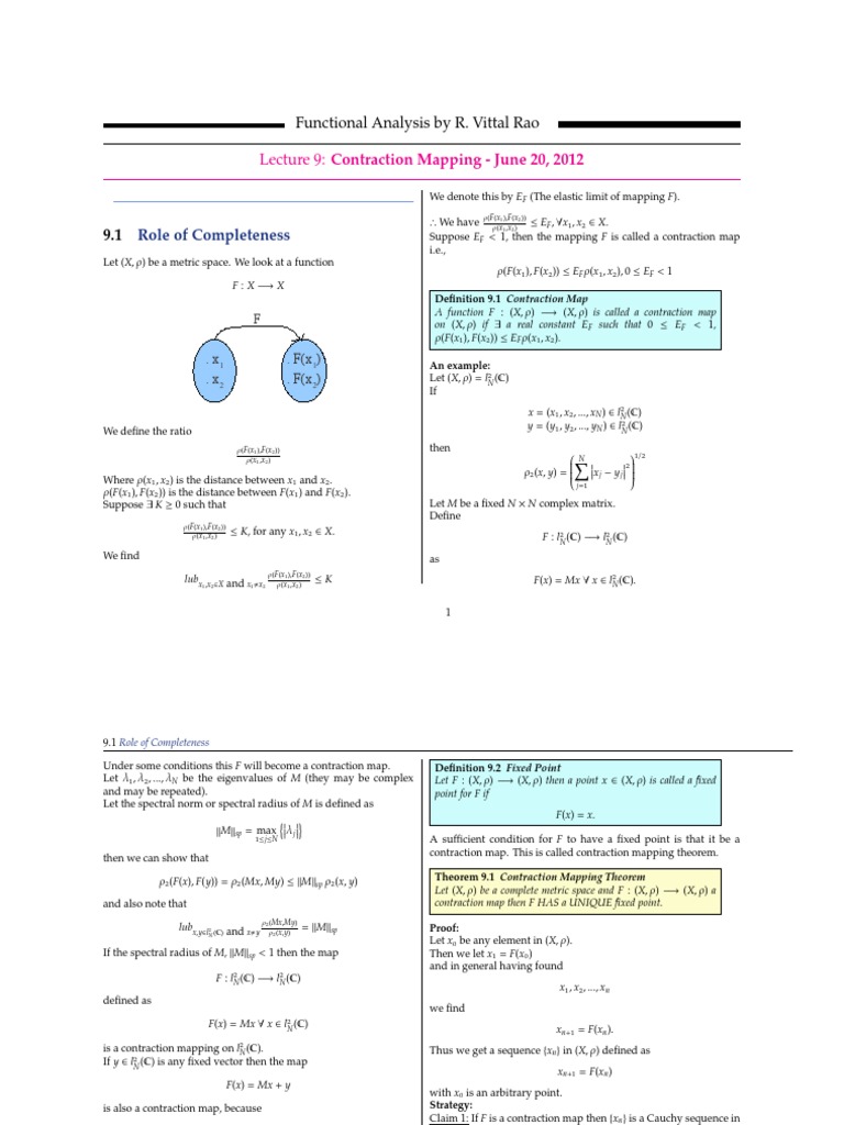 Lecture 9: Contraction Mapping - June 20, 2012: Functional Analysis by R. Vittal Rao | PDF ...