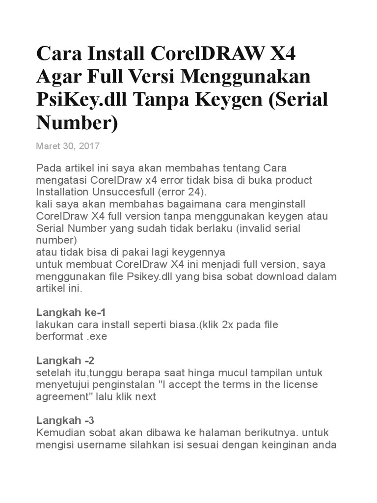 Cara Install CorelDRAW X4 Agar Full Versi Menggunakan PsiKey - Aktivasi | PDF | Komputer