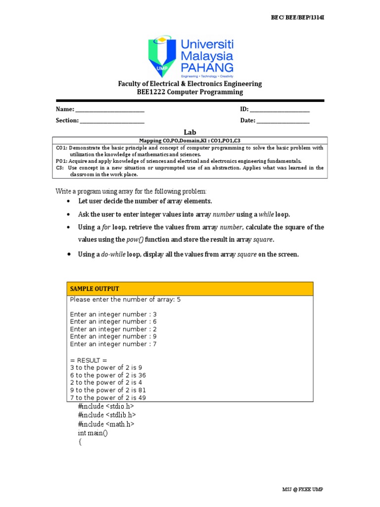 c9 - Lab Exercise 3 Ans | PDF | Array Data Structure | Teaching Mathematics