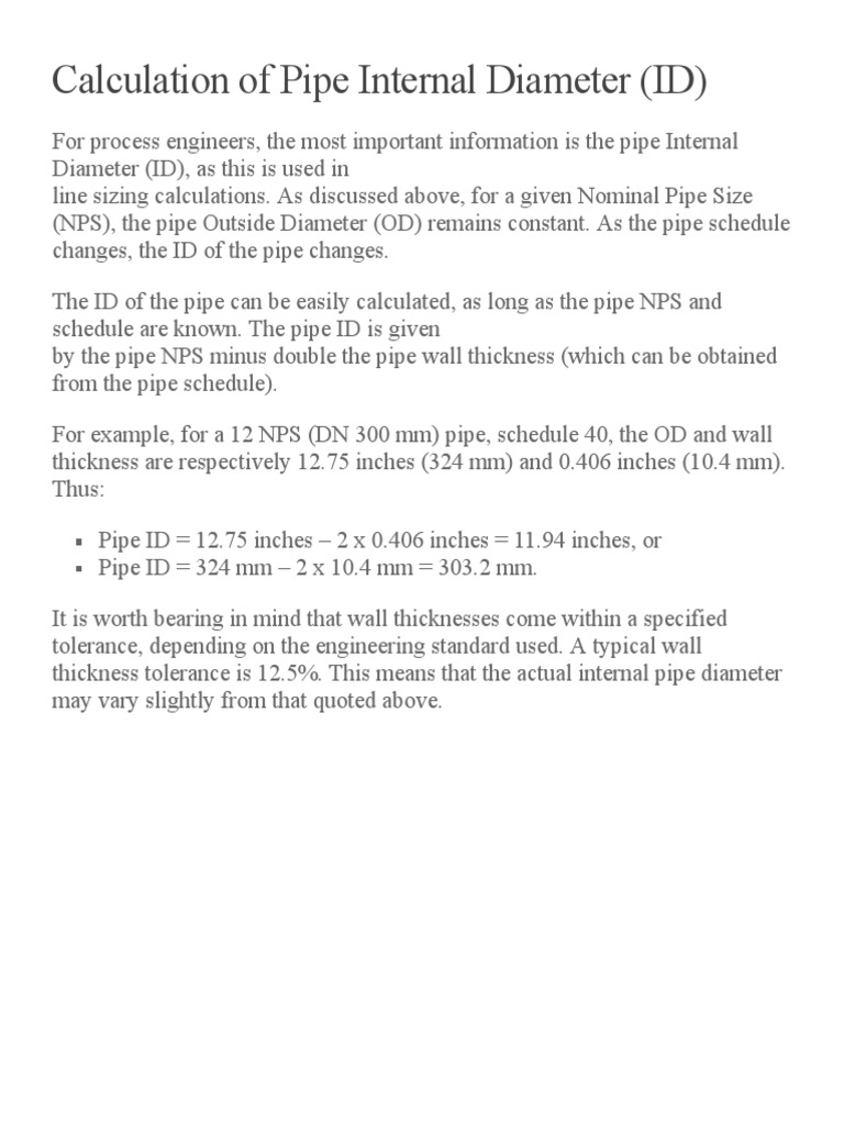 Calculation of Pipe Internal Diameter (ID) | PDF