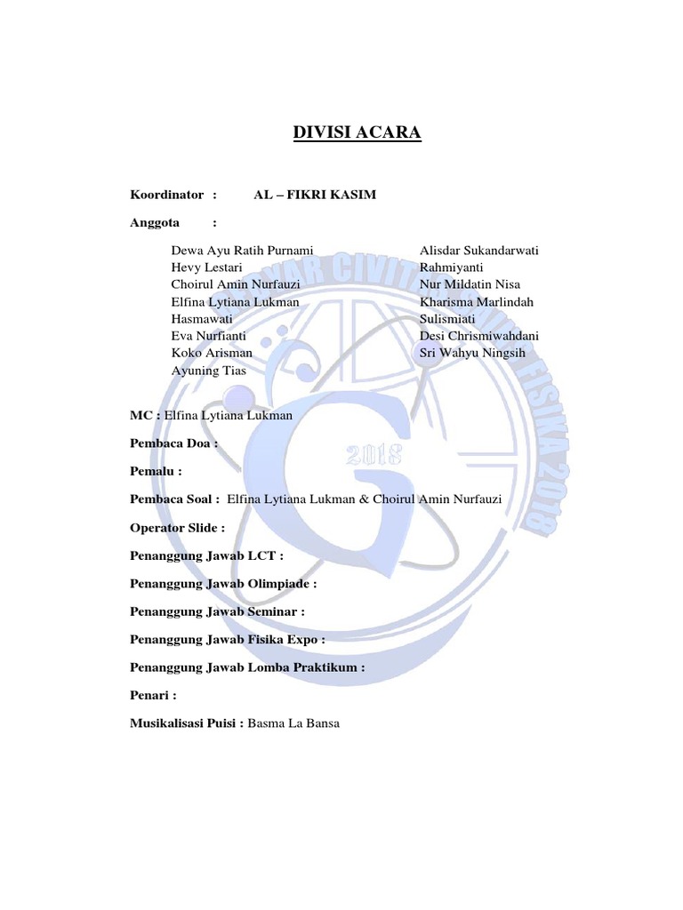 Daftar Nama Anggota Divisi Acara | PDF