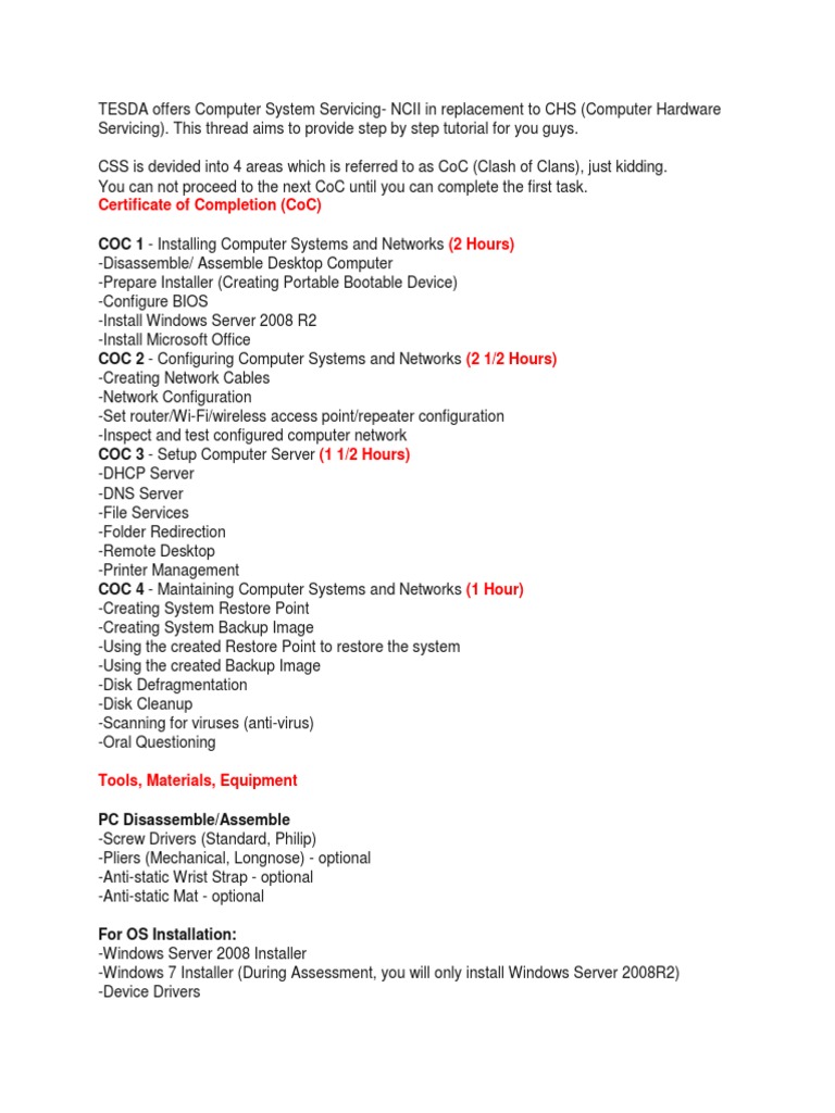 CSS NC II TESDA Offers Computer System Servicing | PDF | Ip Address ...