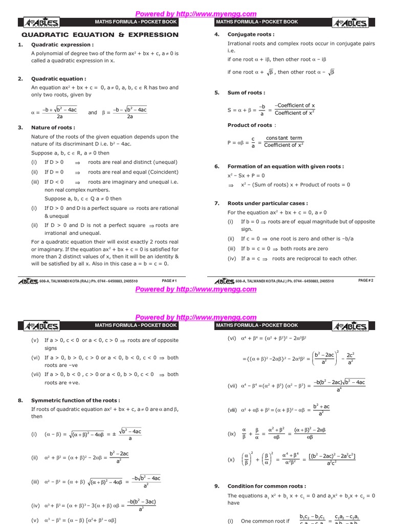 Math Formula Sheet AIEEE | Quadratic Equation | Zero Of A Function
