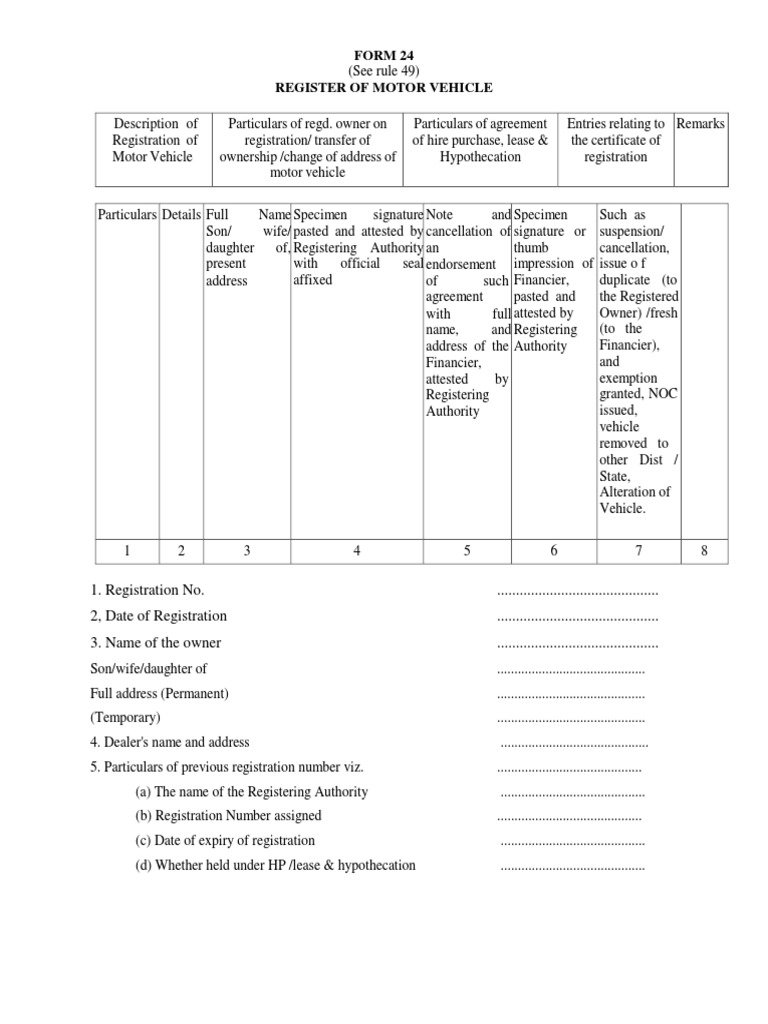 Form 24 Register of Motor Vehicle | Download Free PDF | Axle | Vehicles
