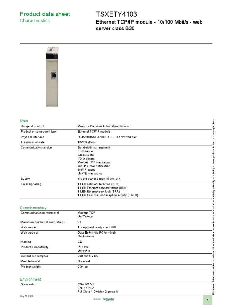 Modicon Premium TSXETY4103 | PDF | Ethernet | Transmission Control Protocol