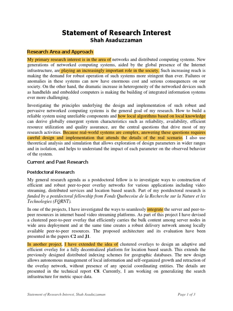 Statement of Research Interest: Shah Asaduzzaman | PDF | Peer To Peer ...
