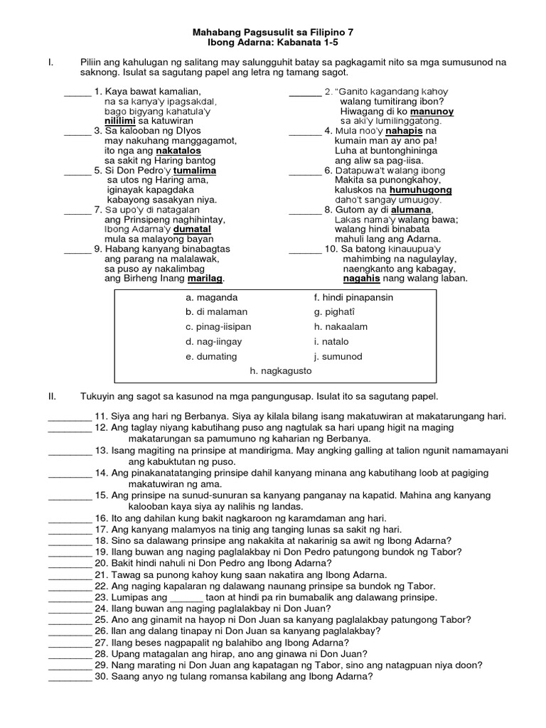 Mahabang Pagsusulit Sa Filipino 7 | PDF