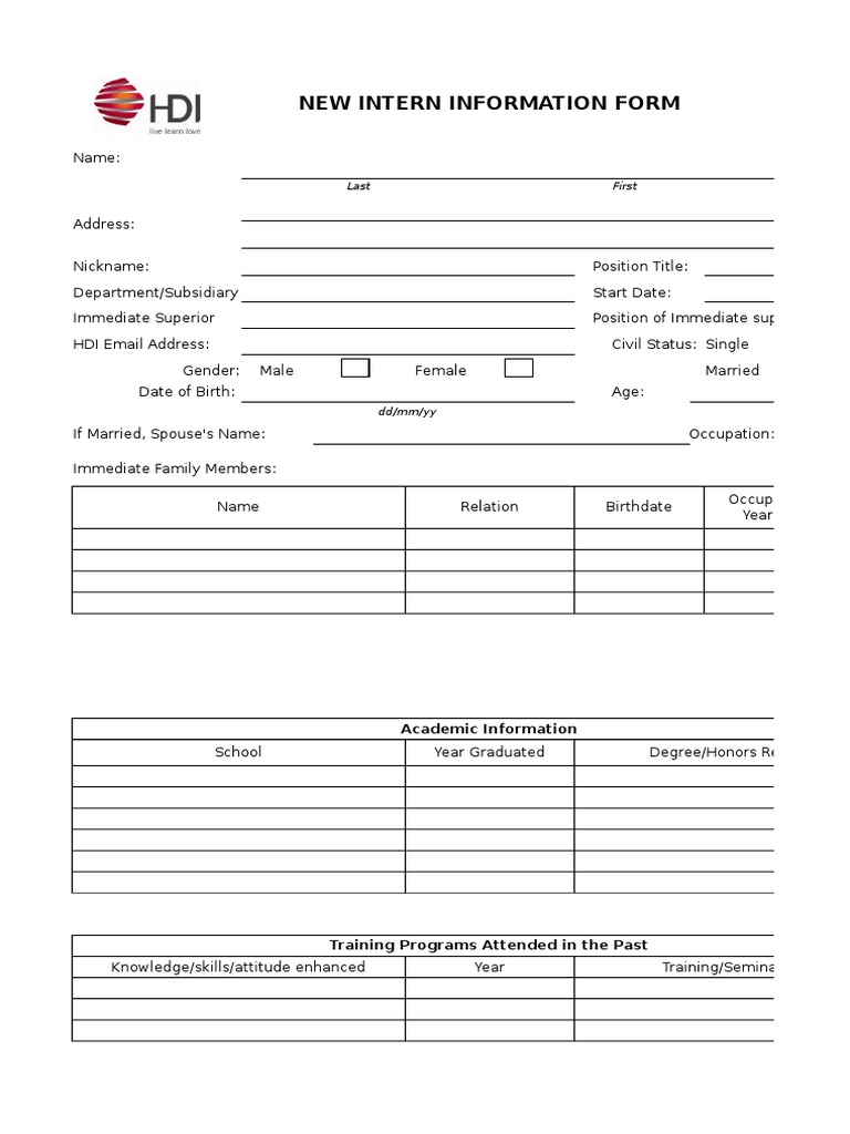 New Intern Information Form | PDF | Gender | Gender Studies