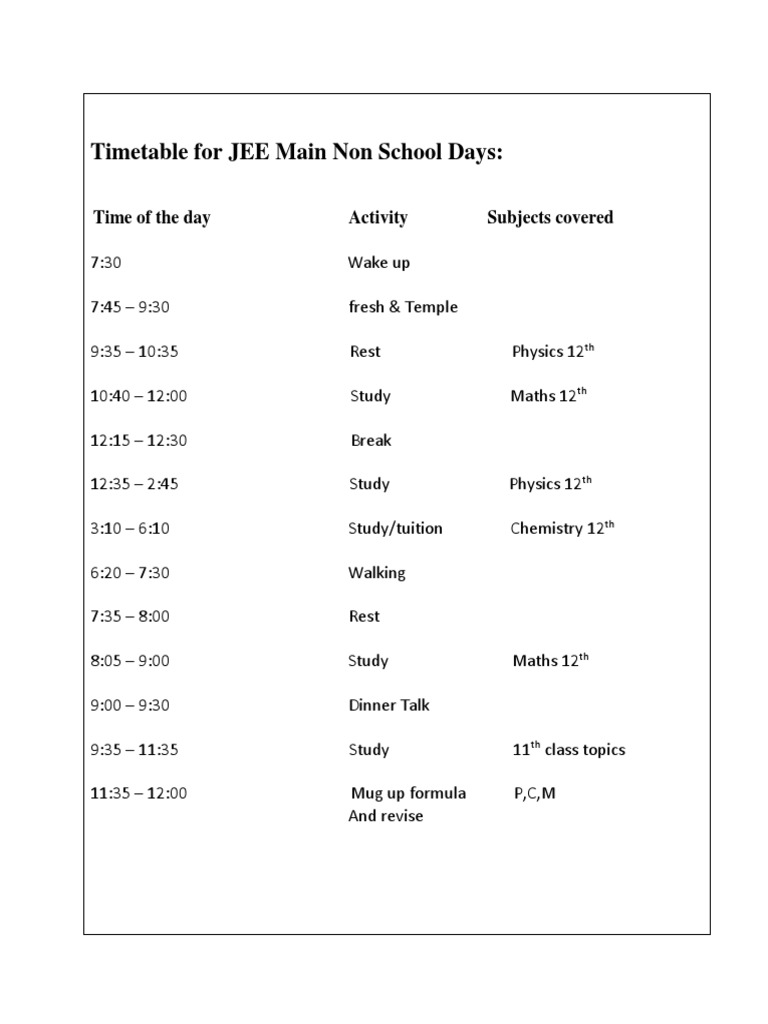 JEE Main Study Timetable | PDF | Science & Mathematics