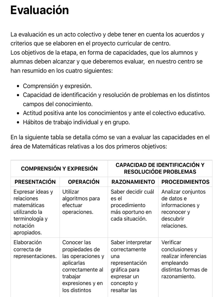 Criterios de Evaluación y Calificación Matemáticas 2014 2015 | PDF | Enseñanza de matemática ...