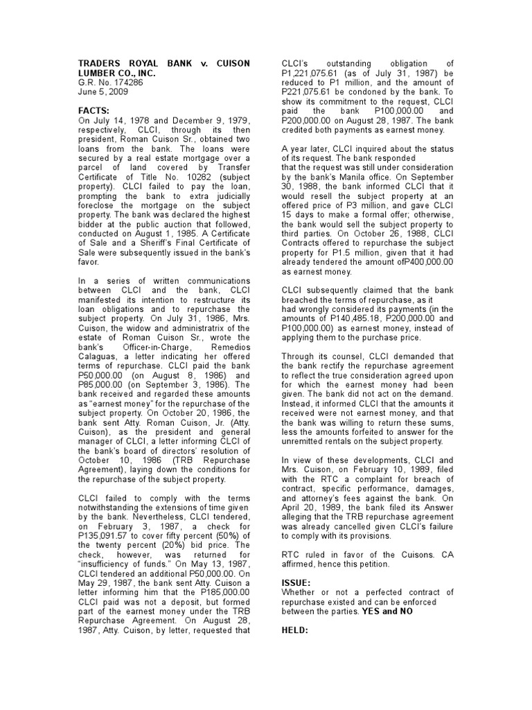 Traders Royal Bank Vs Cuison Lumber | PDF | Offer And Acceptance | Banks