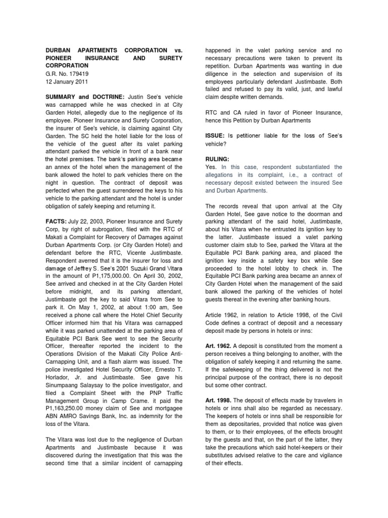 Hotel Liable for Carnapped Vehicle | PDF | Insurance | Virtue