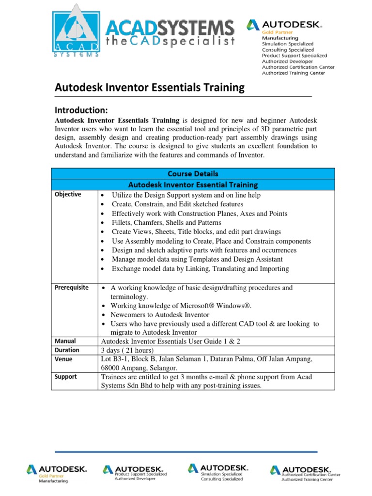 Autodesk Inventor Essentials Training Syllabus | PDF | Autodesk | Equations